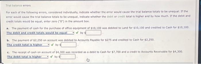 Solved Trial balance errors For each of the following | Chegg.com