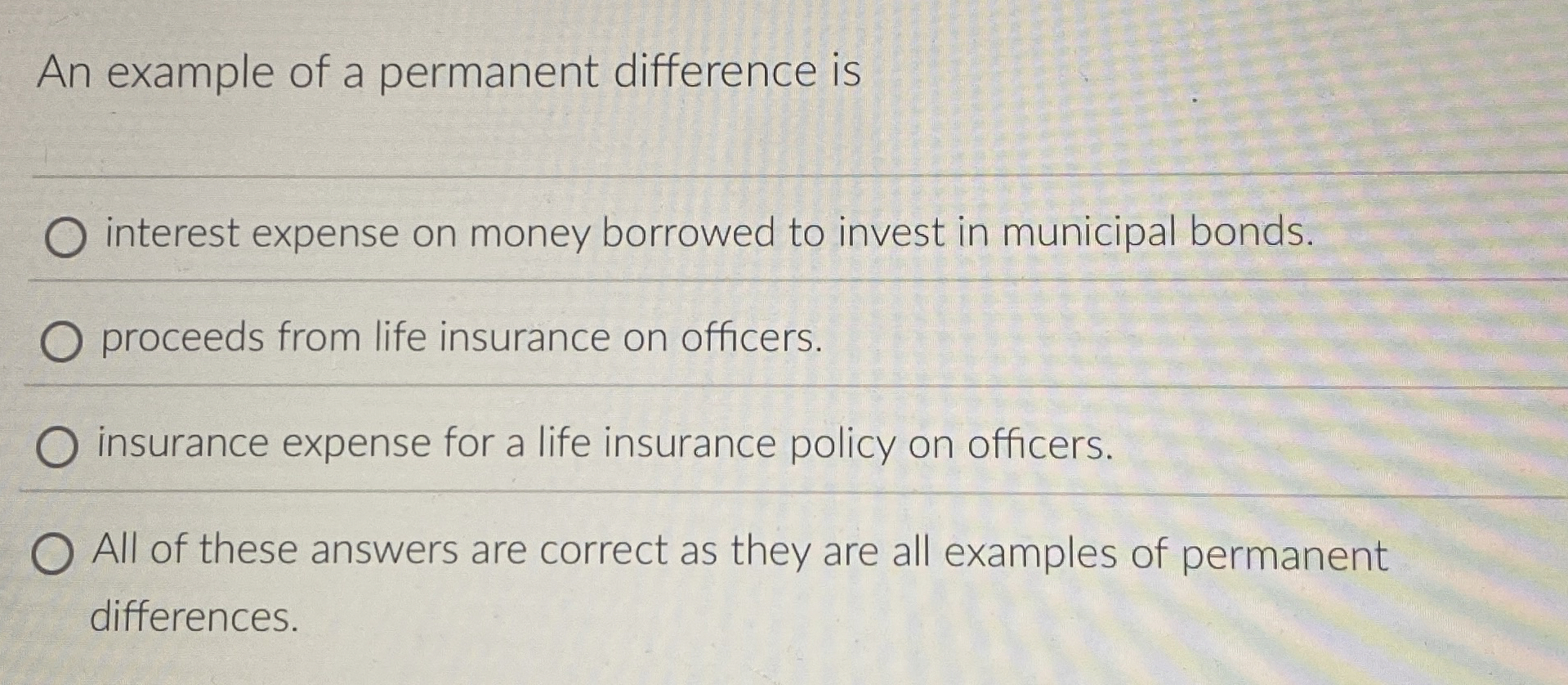 Solved An example of a permanent difference isinterest | Chegg.com