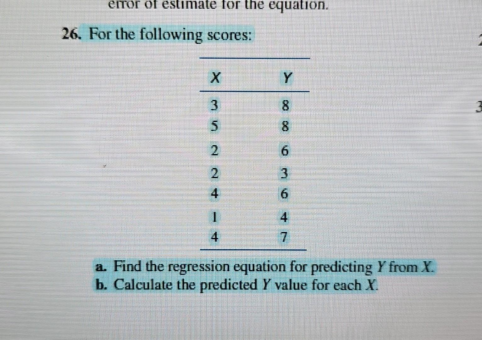 Solved 26. For the following scores: a. Find the regression | Chegg.com