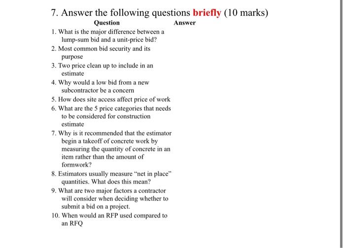 Solved 7. Answer the following questions briefly (10 marks) | Chegg.com