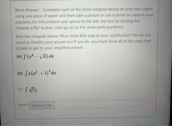 Solved Short Answer: Complete each of the three integrals | Chegg.com