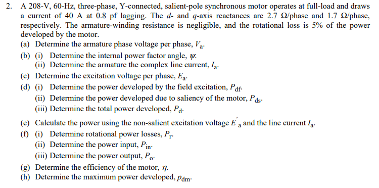 Solved A 208-V,60-Hz, ﻿three-phase, Y-connected, | Chegg.com