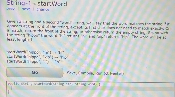Solved String-1 > startWord prev | next chance Given a | Chegg.com