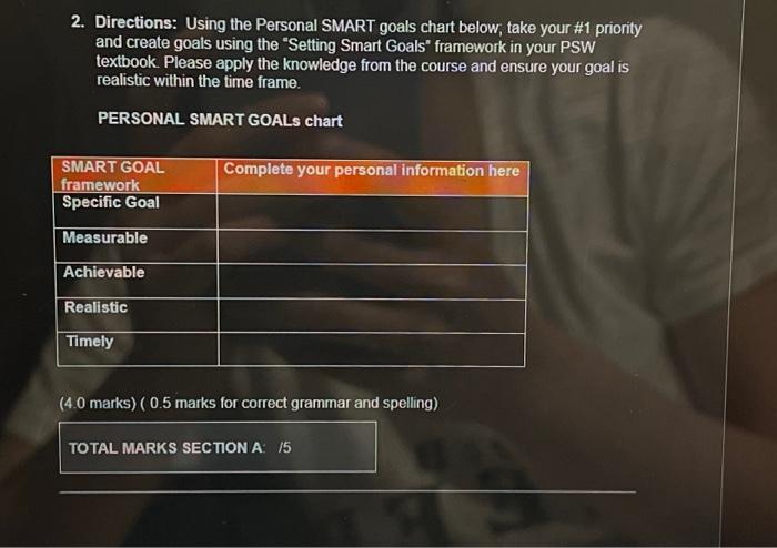 Solved 2. Directions: Using the Personal SMART goals chart | Chegg.com