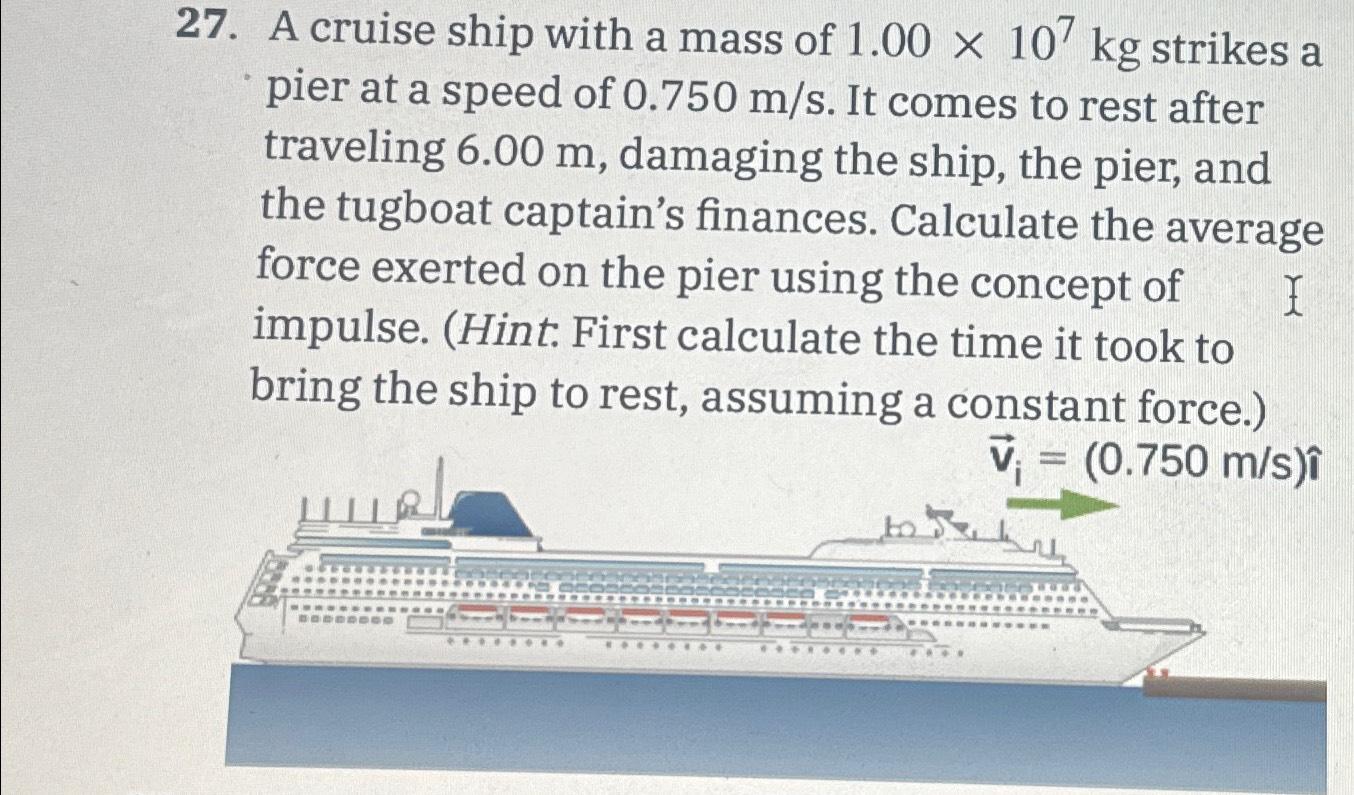 Solved A cruise ship with a mass of 1.00×107kg ﻿strikes a | Chegg.com