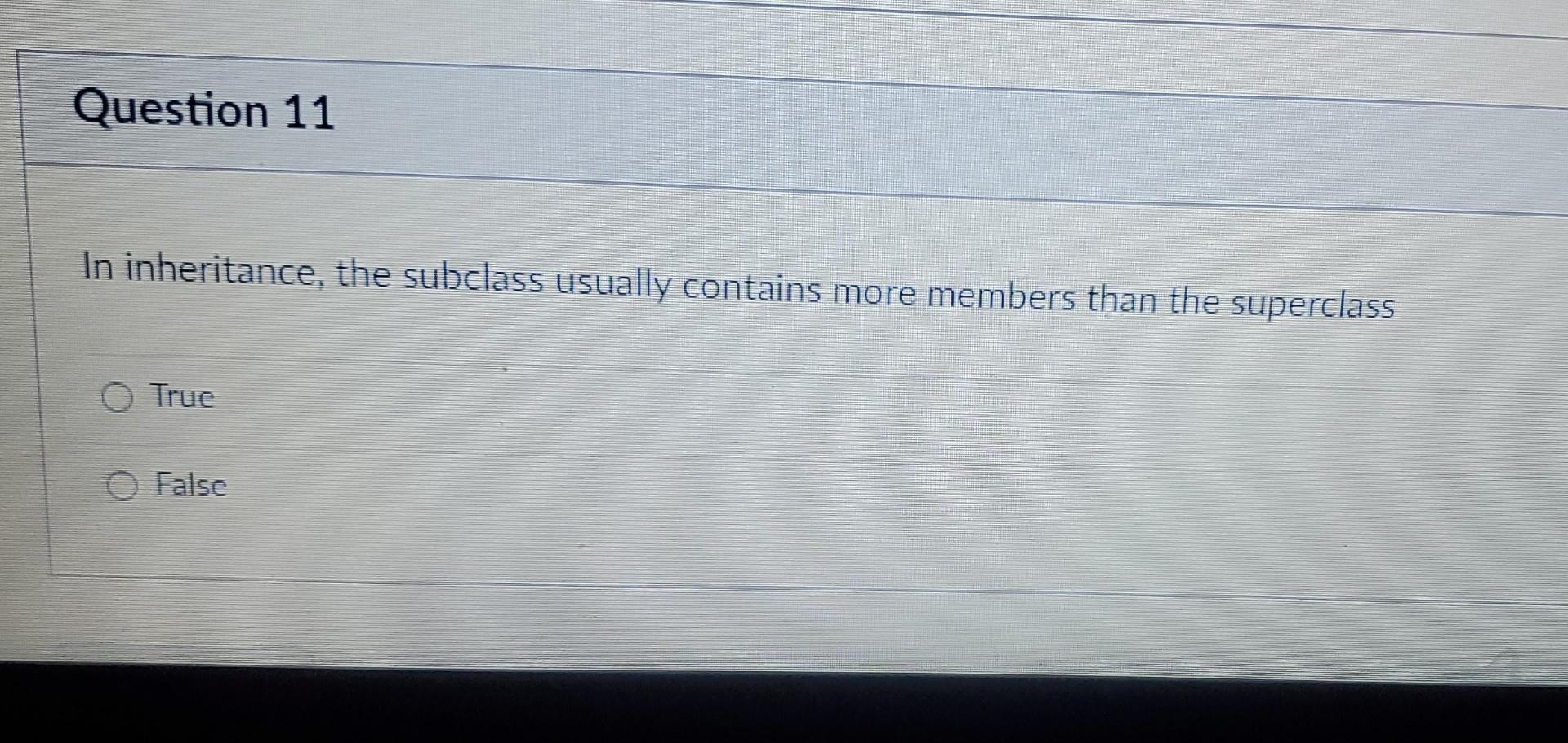Solved Question 11 In inheritance, the subclass usually | Chegg.com