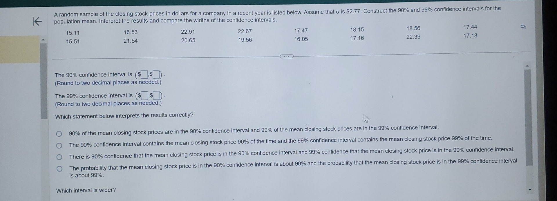 Solved A random sample of the closing stock prices in | Chegg.com
