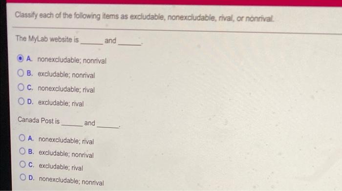 Solved Classify each of the following items as excludable, | Chegg.com