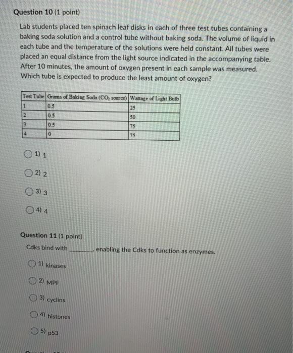 Solved Question 10 (1 point) Lab students placed ten spinach | Chegg.com