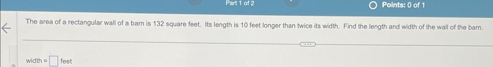 Solved Part 1 ﻿of 2Points: 0 ﻿of 1The area of a rectangular | Chegg.com