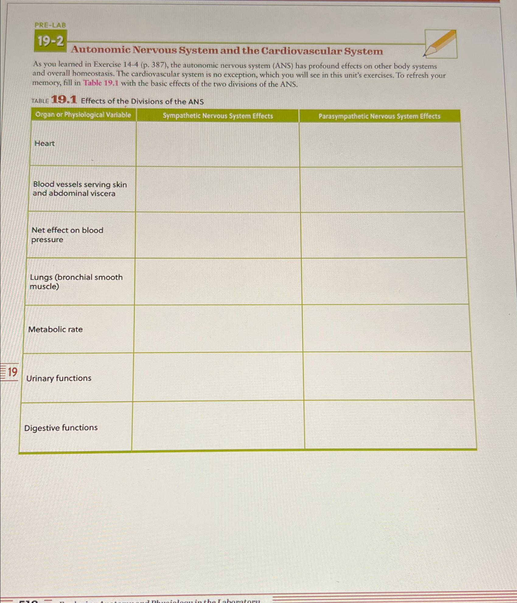 Solved PRE-LAB19-2Autonomic Nervous System and the | Chegg.com