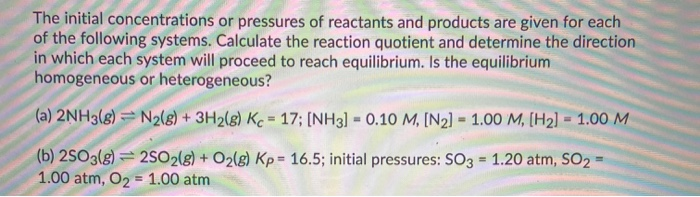 Solved The initial concentrations or pressures of reactants | Chegg.com