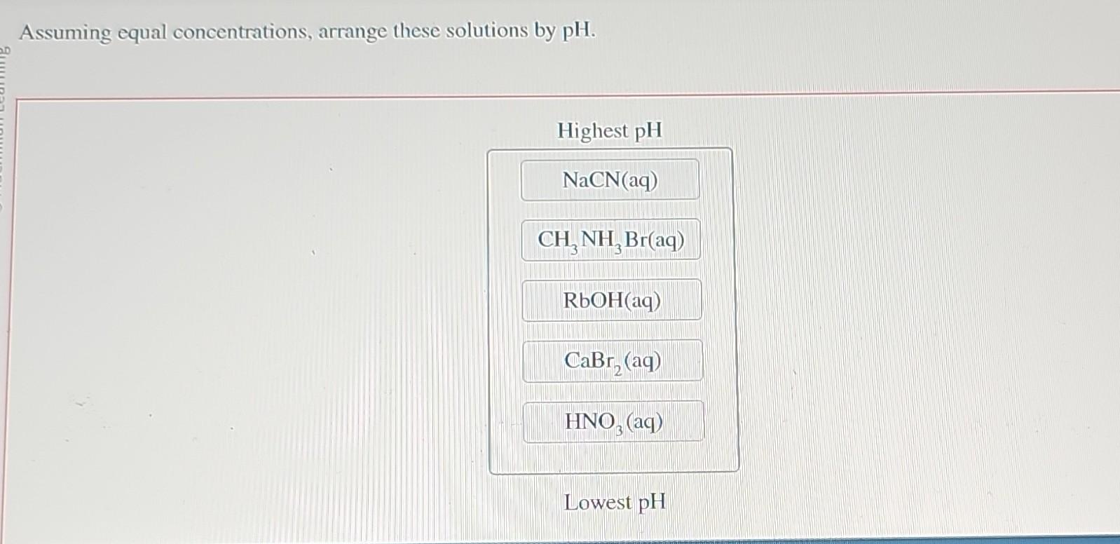 Solved Assuming equal concentrations, arrange these | Chegg.com