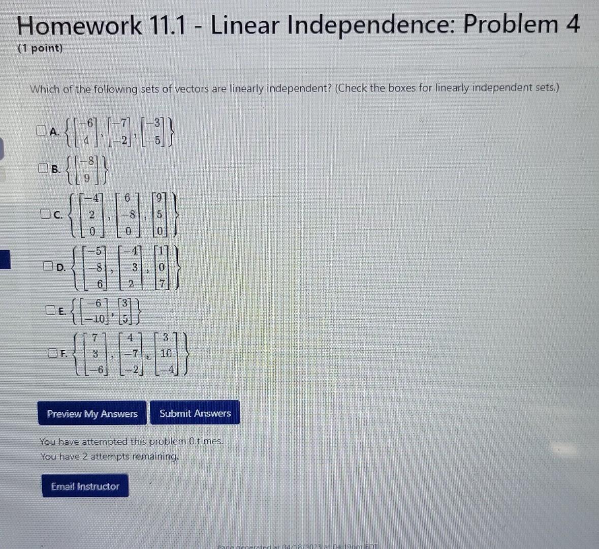 Solved Homework 11.1 - Linear Independence: Problem 4 (1 | Chegg.com