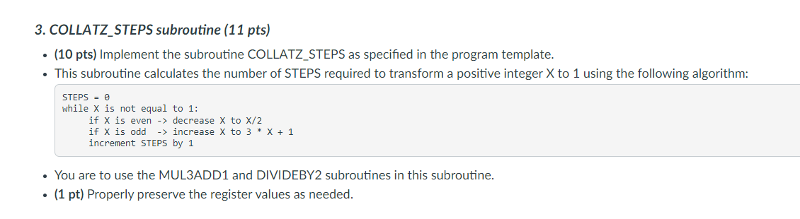 Solved COLLATZ_STEPS subroutine (11 ﻿pts)(10 ﻿pts) | Chegg.com