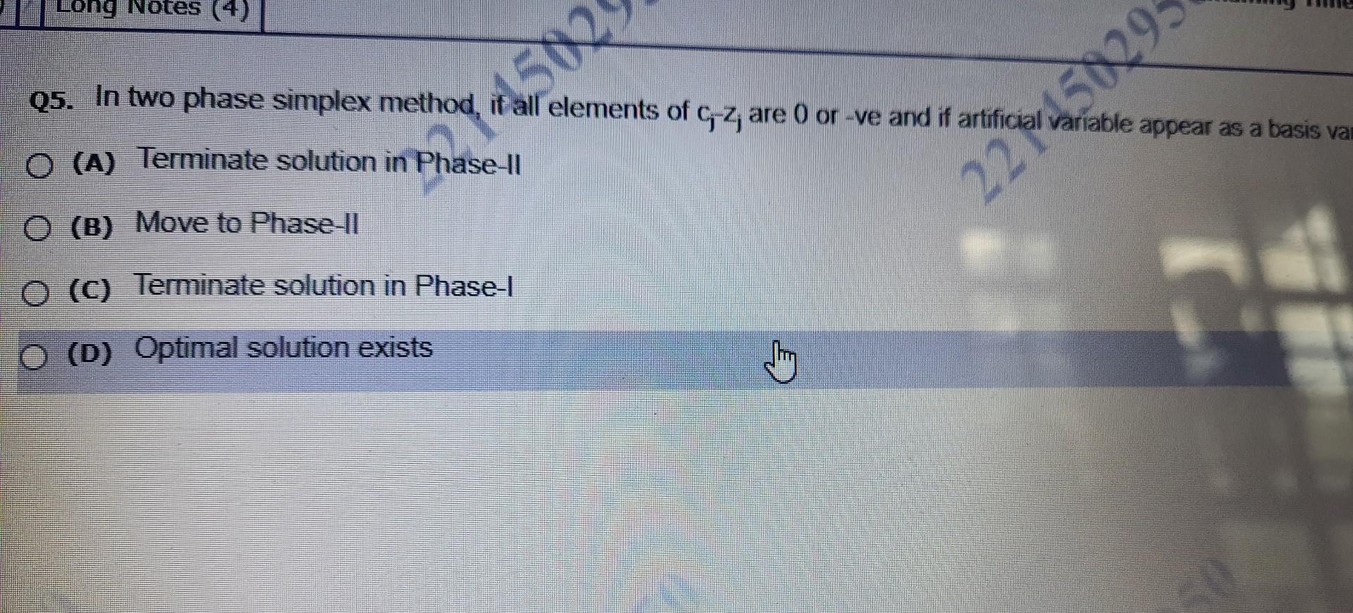 Solved Q5. In two phase simplex method, if all elements of | Chegg.com