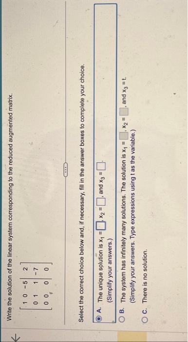 Solved Write the solution of the linear system corresponding | Chegg.com