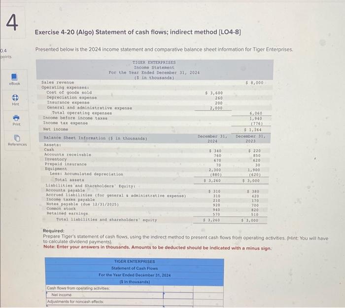 Solved Exercise 4-20 (Algo) Statement of cash flows; | Chegg.com