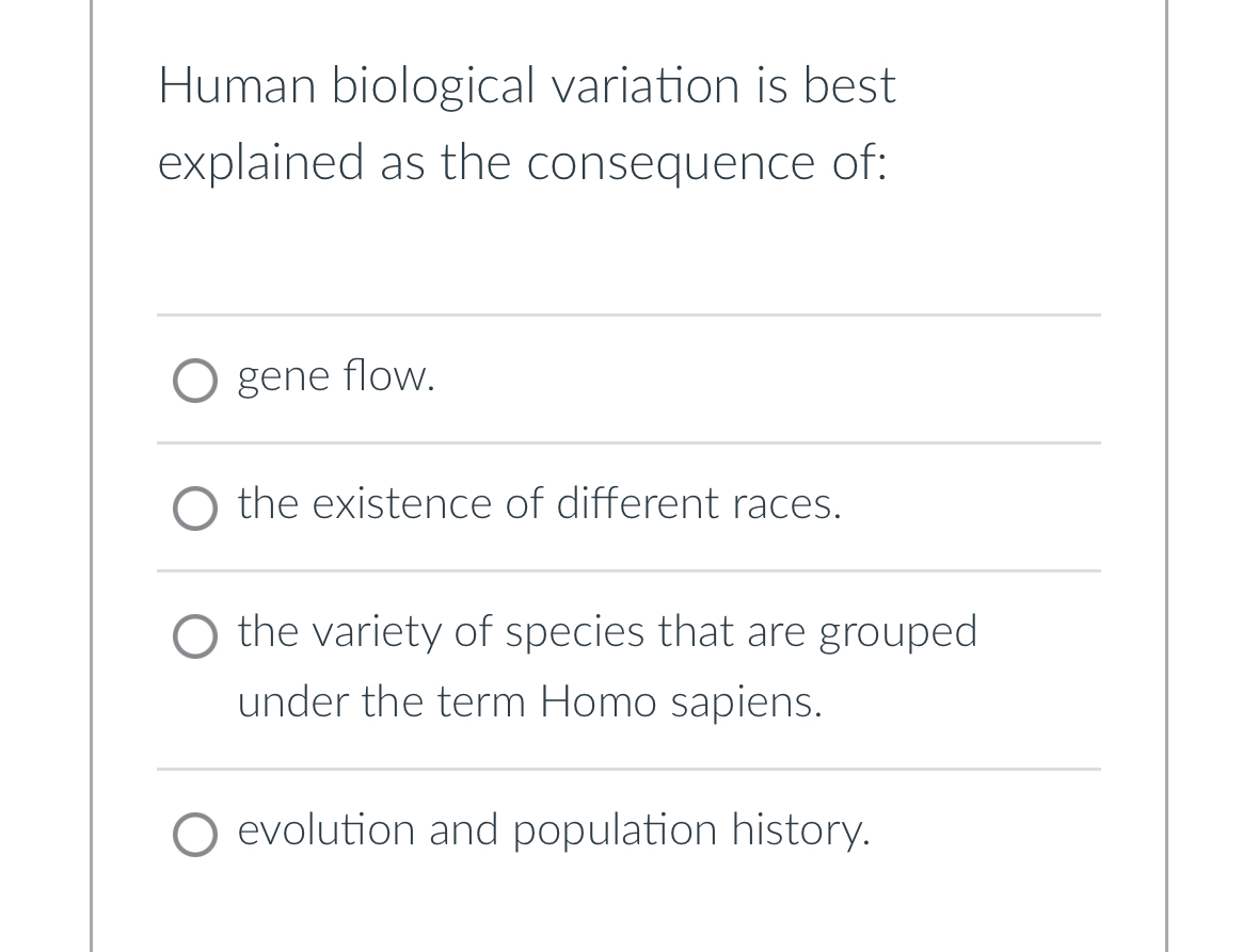 Solved Human biological variation is best explained as the | Chegg.com