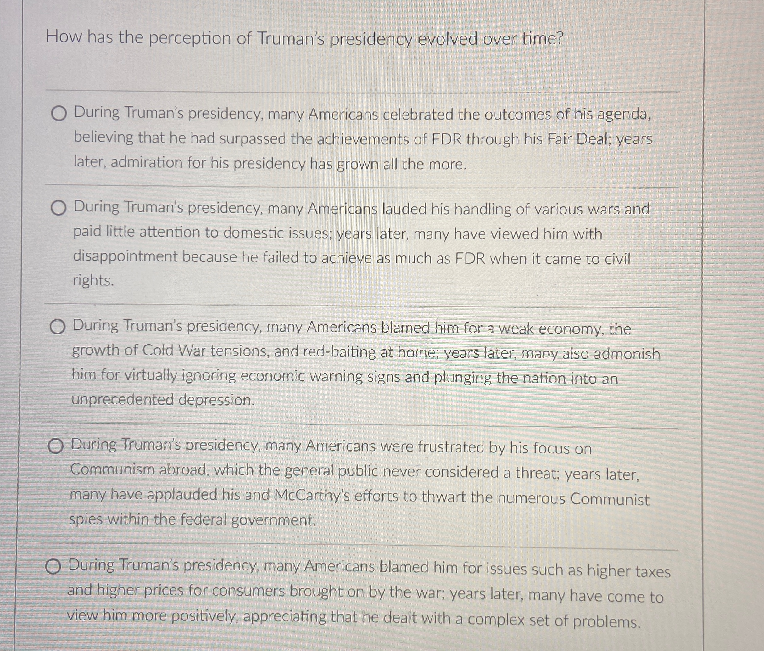 Solved How has the perception of Truman's presidency evolved | Chegg.com