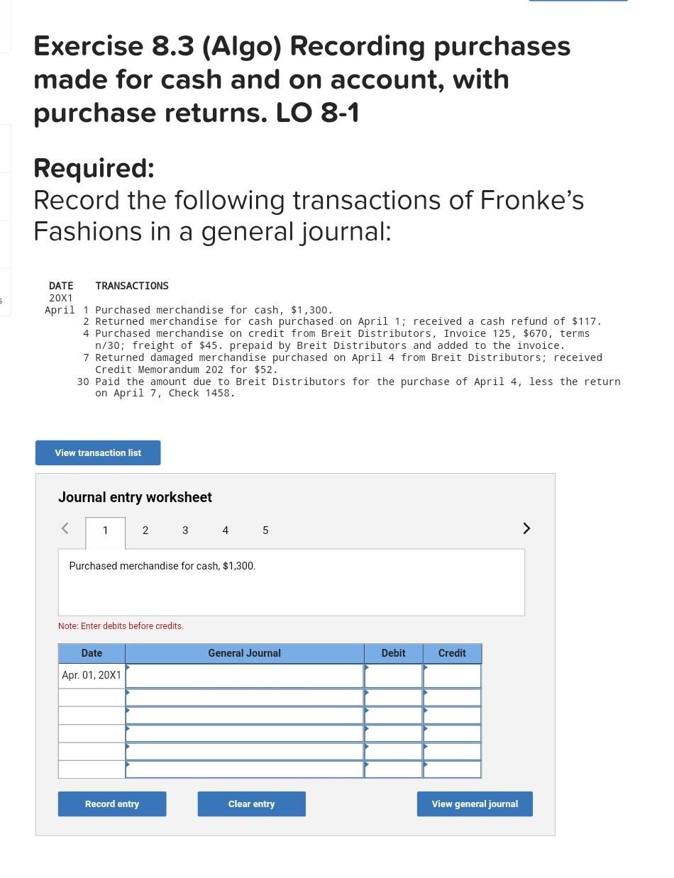 Solved Exercise 8.3 (Algo) Recording purchases made for cash | Chegg.com