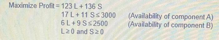 Solved Maximize Profit =123 L+136 S17 L+11 S≤30006 L+9 | Chegg.com
