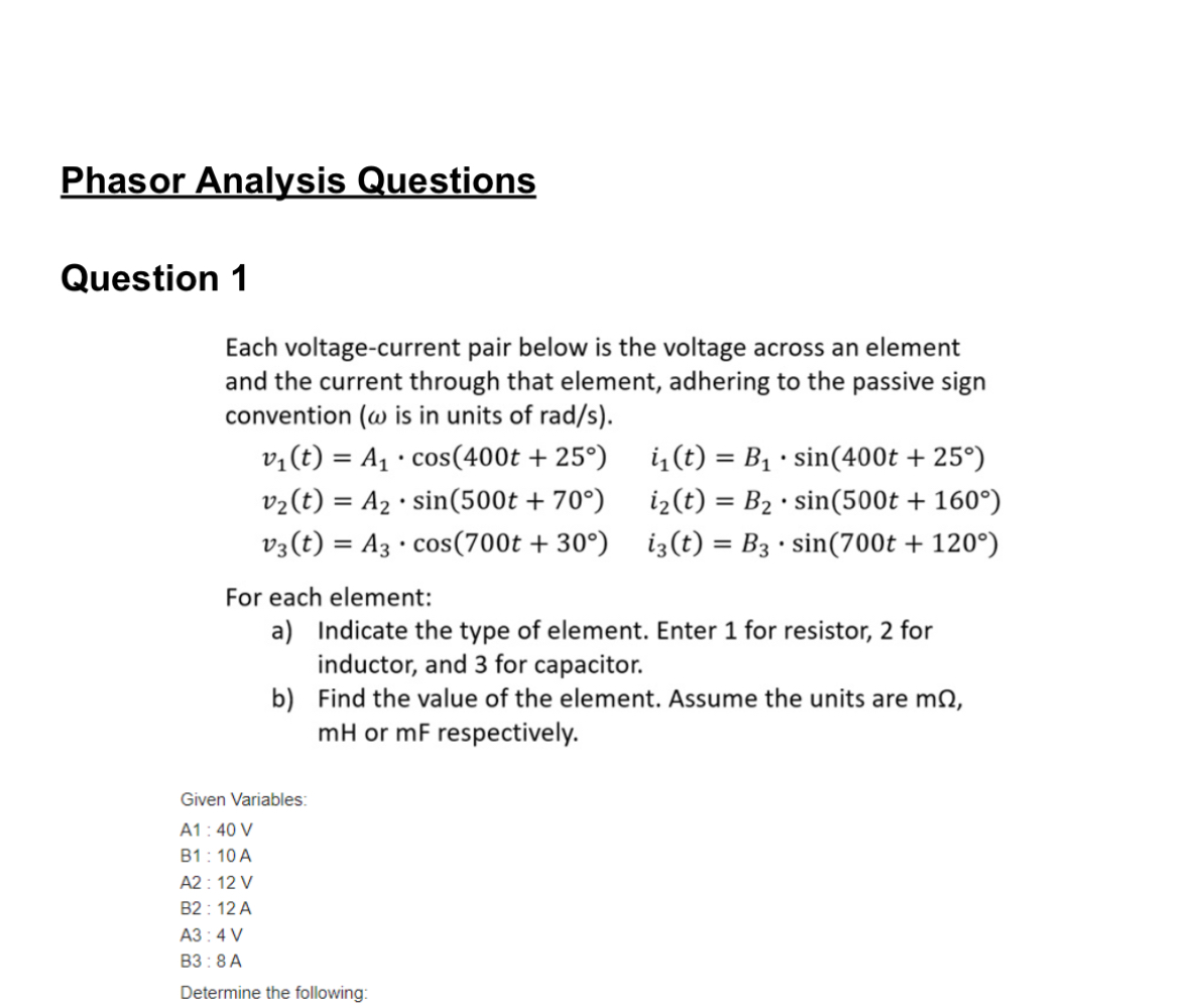 Phasor Analysis QuestionsQuestion 1Each | Chegg.com