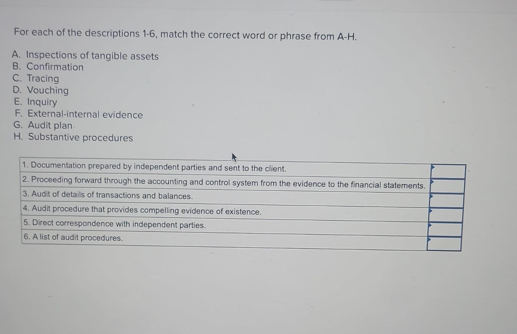 Solved For each of the descriptions 1-6, match the correct | Chegg.com