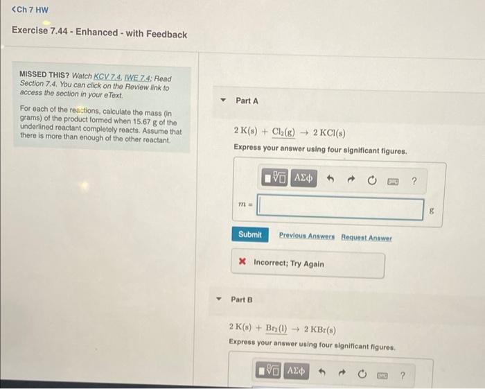 Solved A Revi Part A 2 K(s) + Cl2(g) → 2 KCl(s) Express your | Chegg.com