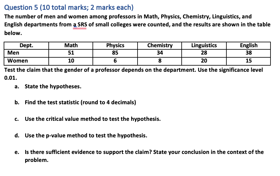 Solved Question 5 (10 ﻿total marks; 2 ﻿marks each)The number | Chegg.com