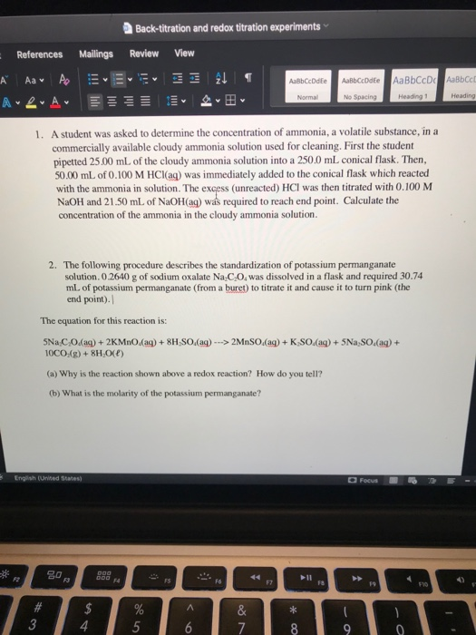 Solved Back-titration and redox titration experiments Review | Chegg.com
