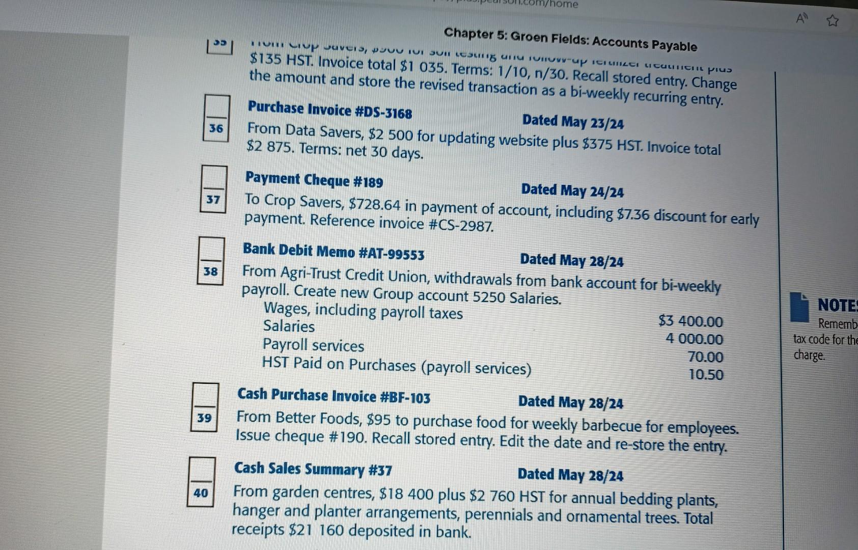 NOTES Remember to select Cheque as the payment method | Chegg.com