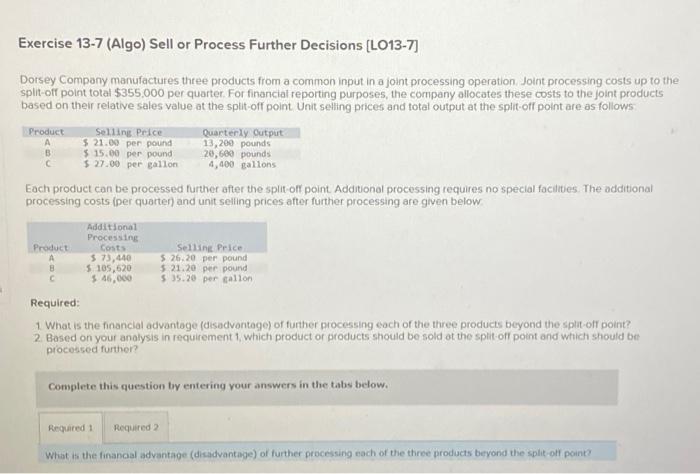 Solved Exercise 13-7 (Algo) Sell or Process Further | Chegg.com