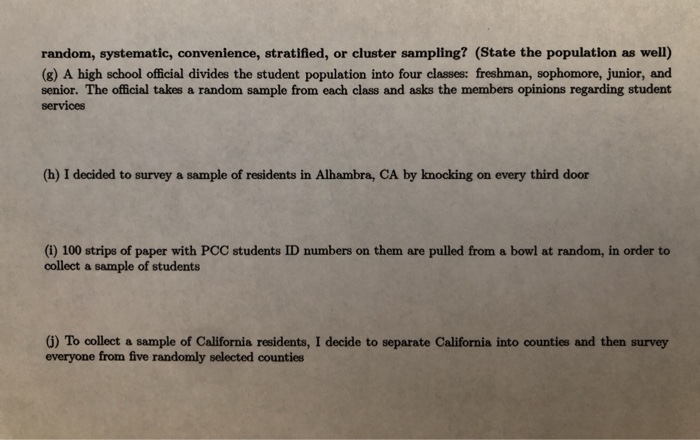 Solved random, systematic, convenience, stratified, or | Chegg.com