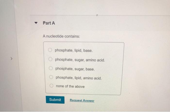 Solved Part A A nucleotide contains: phosphate, lipid, base. | Chegg.com
