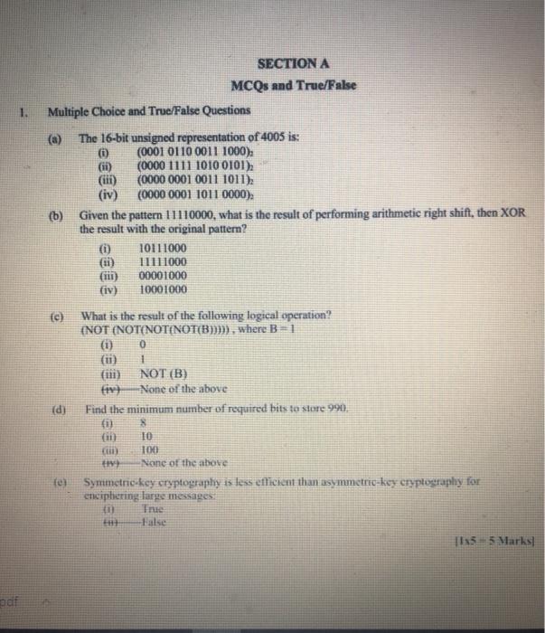 Solved SECTION A MCQs and True/False Multiple Choice and | Chegg.com