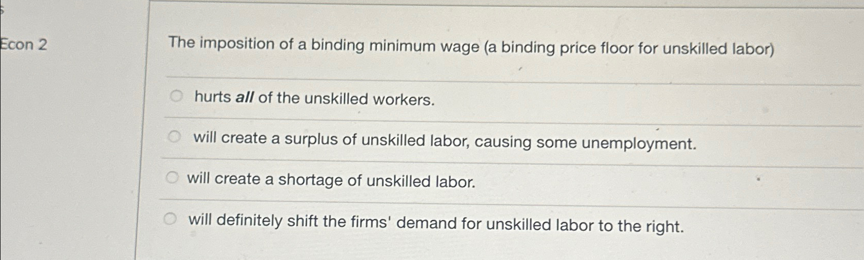 Solved Econ 2The imposition of a binding minimum wage (a | Chegg.com