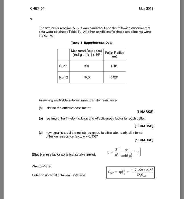 Solved CHE3101 May 2018 The first-order reaction A B was | Chegg.com