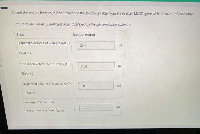 Solved Record the results from your Fine Titration in the | Chegg.com