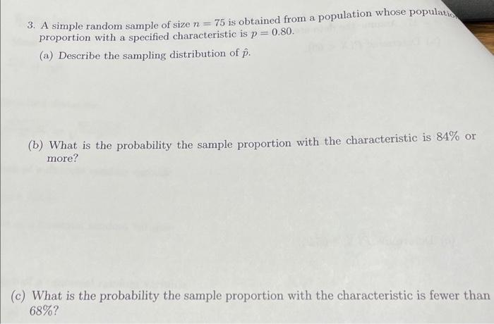 Solved 3. A simple random sample of size n=75 is obtained | Chegg.com