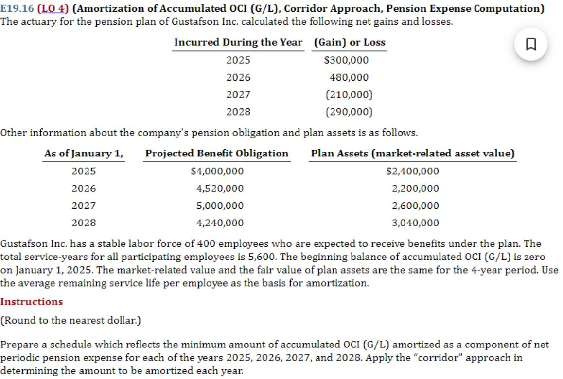 Solved E19.16 (LO 4) (Amortization of Accumulated OCI (G/L), | Chegg.com