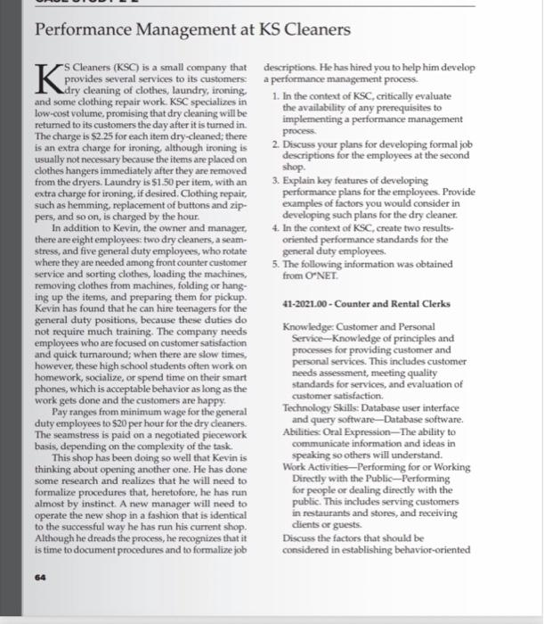 Solved Performance Management at KS Cleaners T S Cleaners | Chegg.com