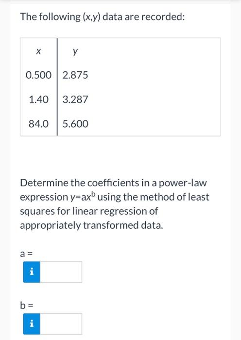 Solved The following (x,y) data are recorded: Determine the | Chegg.com