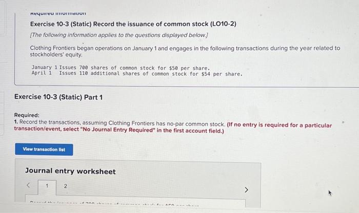 Solved Exercise 10-3 (Static) Record the issuance of common | Chegg.com