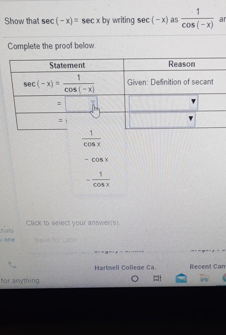 Solved and then using the relationship between cos(-x) and | Chegg.com