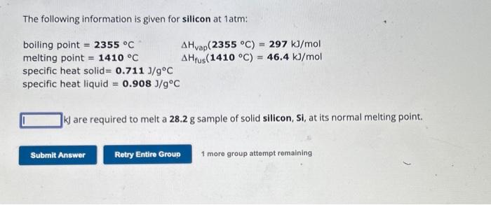 Solved The following information is given for silicon at | Chegg.com