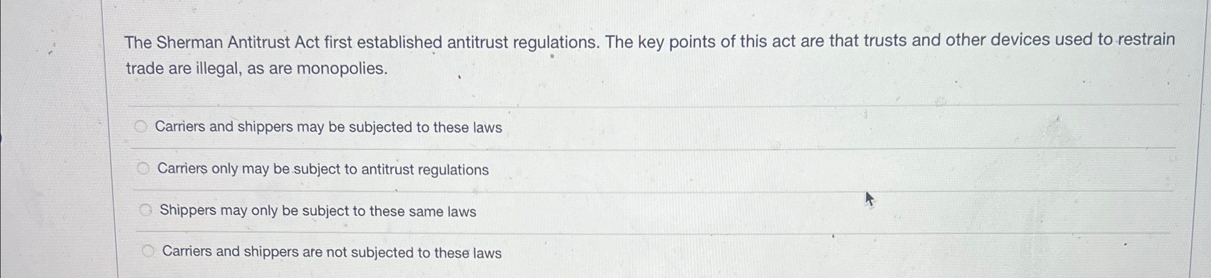 Solved The Sherman Antitrust Act first established antitrust | Chegg.com Solved The Sherman Antitrust Act first established antitrust | Chegg.com