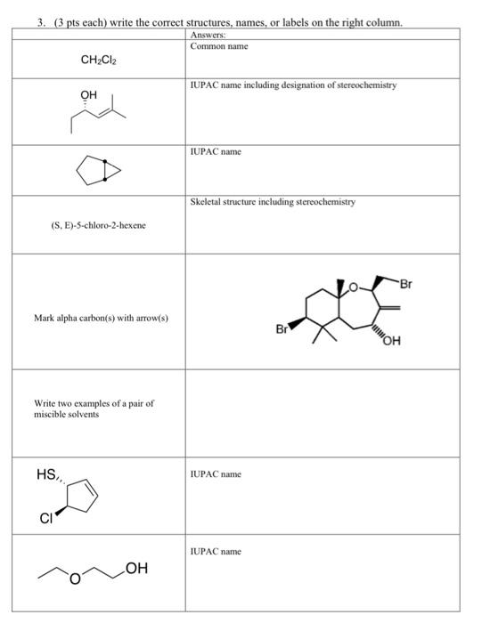 Solved 3. (3 pts each) write the correct structures, names, | Chegg.com