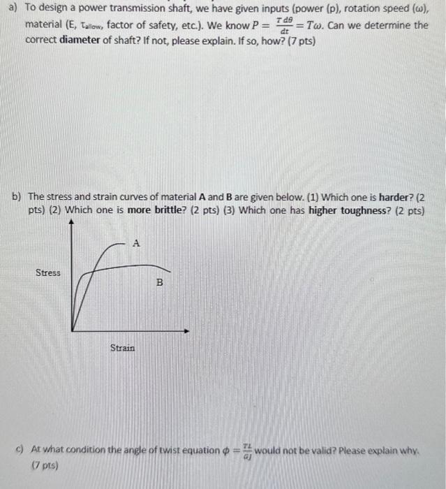 Solved a) To design a power transmission shaft, we have | Chegg.com