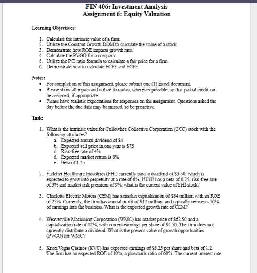 Solved FIN 406: Investment Analysis Assignment 6: Equity | Chegg.com